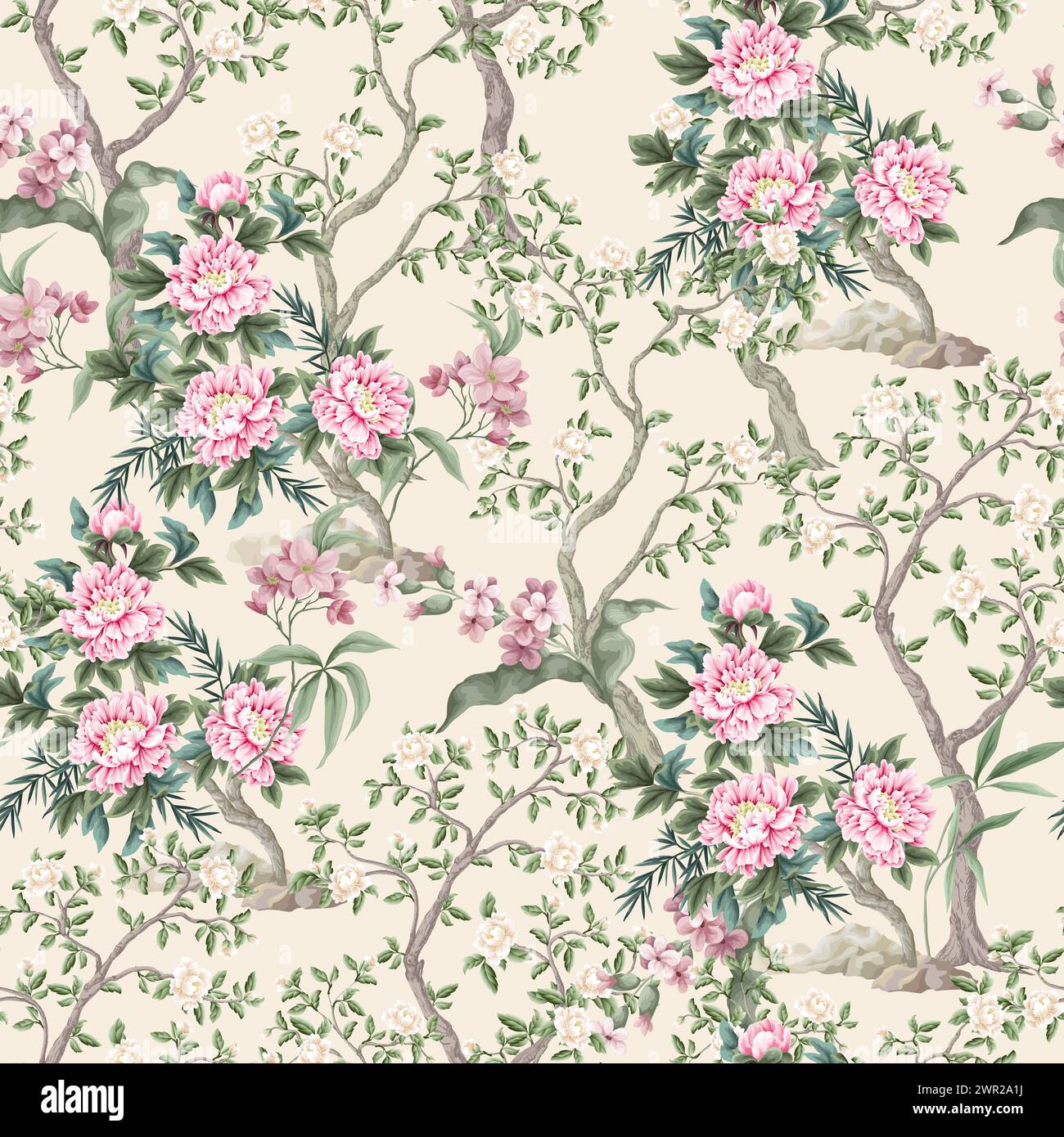 Chinoiserie seamless pattern with peonies trees and flowers. Vector ...