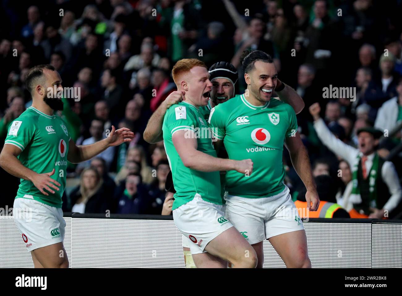 London, UK. 9th Mar 2024. Ireland's James Lowe celebrates after scoring ...