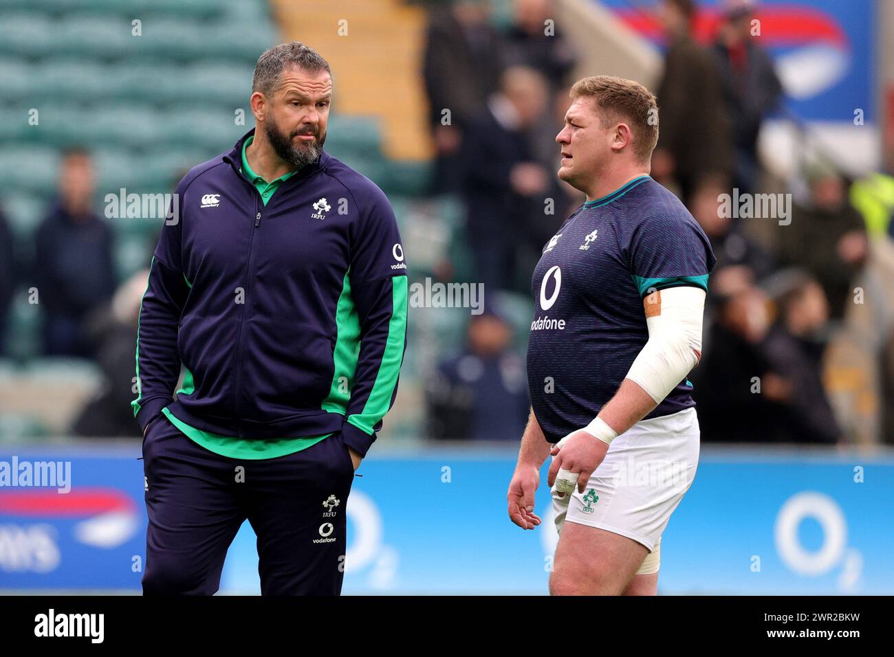 London, UK. 9th Mar 2024. Ireland head coach Andy Farrell with Tadhg Furlong during the Guinness ...