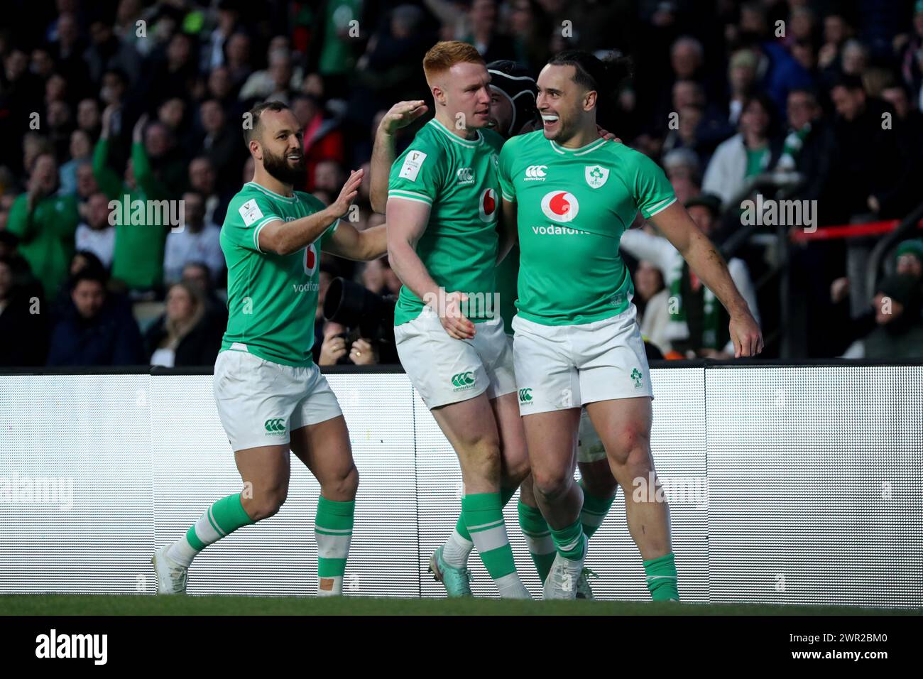 London, UK. 9th Mar 2024. Ireland's James Lowe celebrates after scoring ...