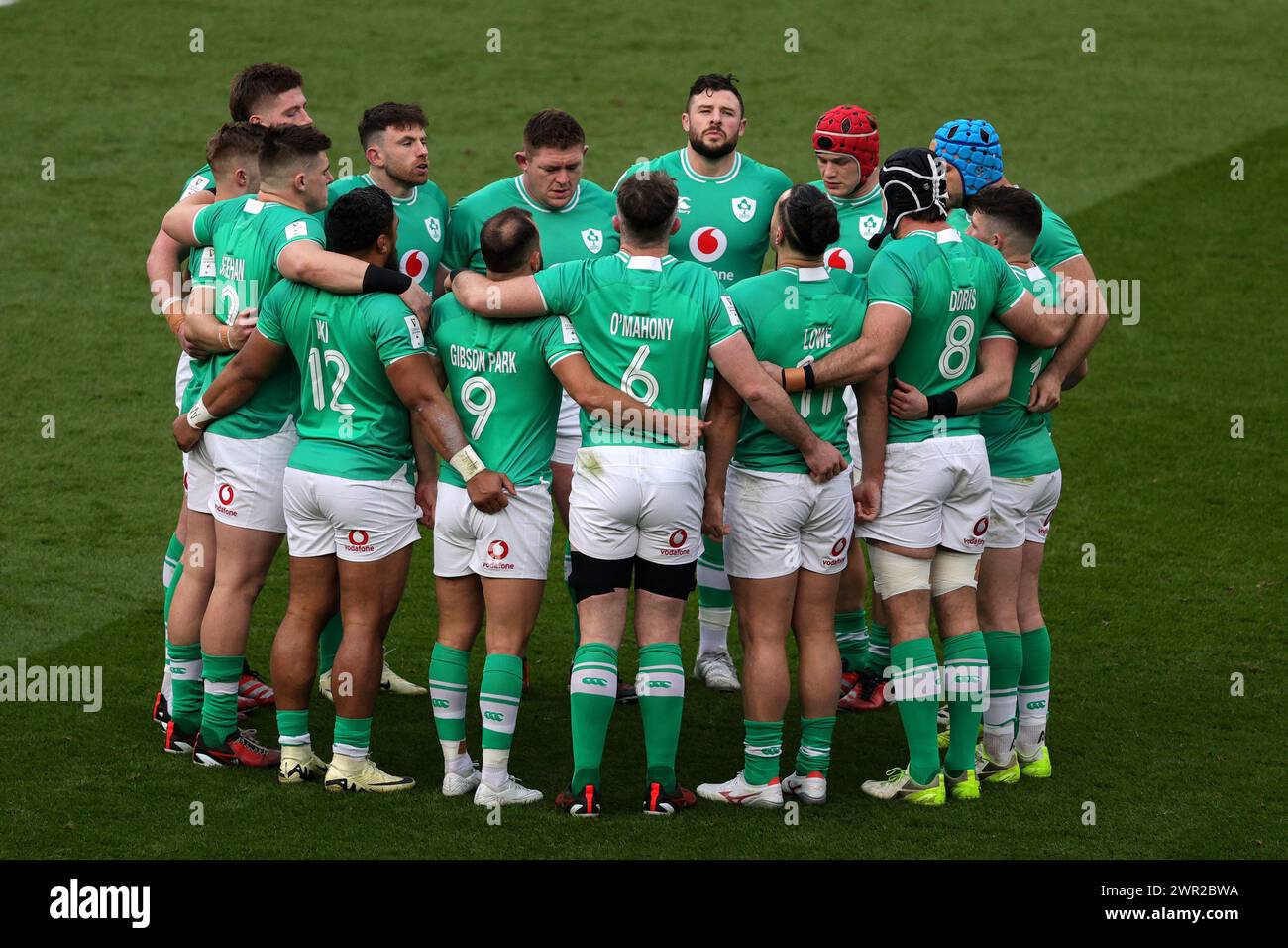 London, UK. 9th Mar 2024. The Ireland team huddle during the Guinness ...