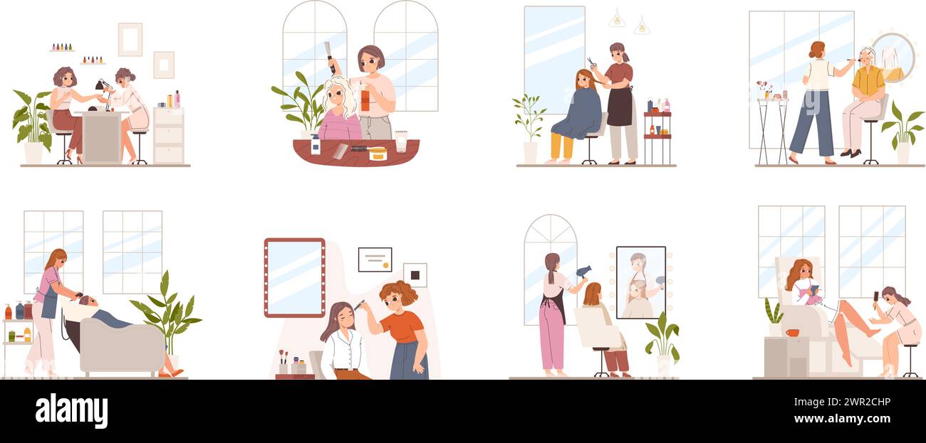 Salon procedures. Woman at manicure, pedicure and hair style. Stylist ...