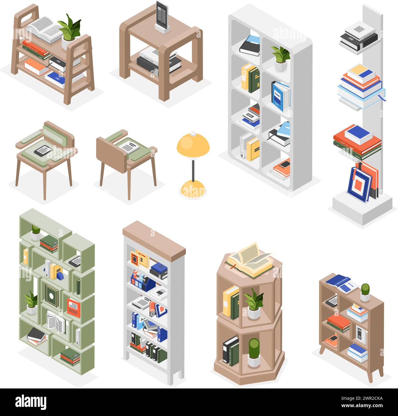 Isometric bookshelves. Library furniture, shelf and chairs. Book piles ...