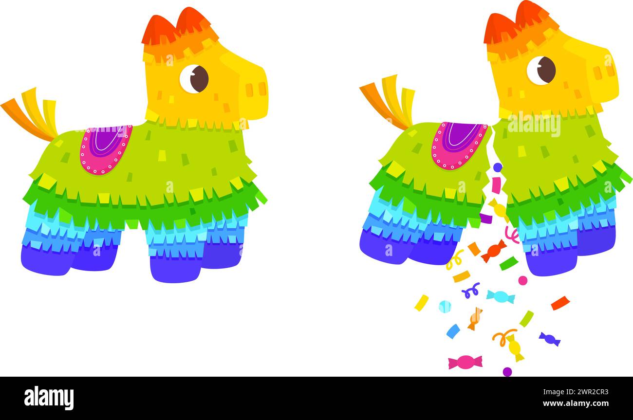 Broken pinata. Birthday party colorful equipment. Pinatas with confetti ...
