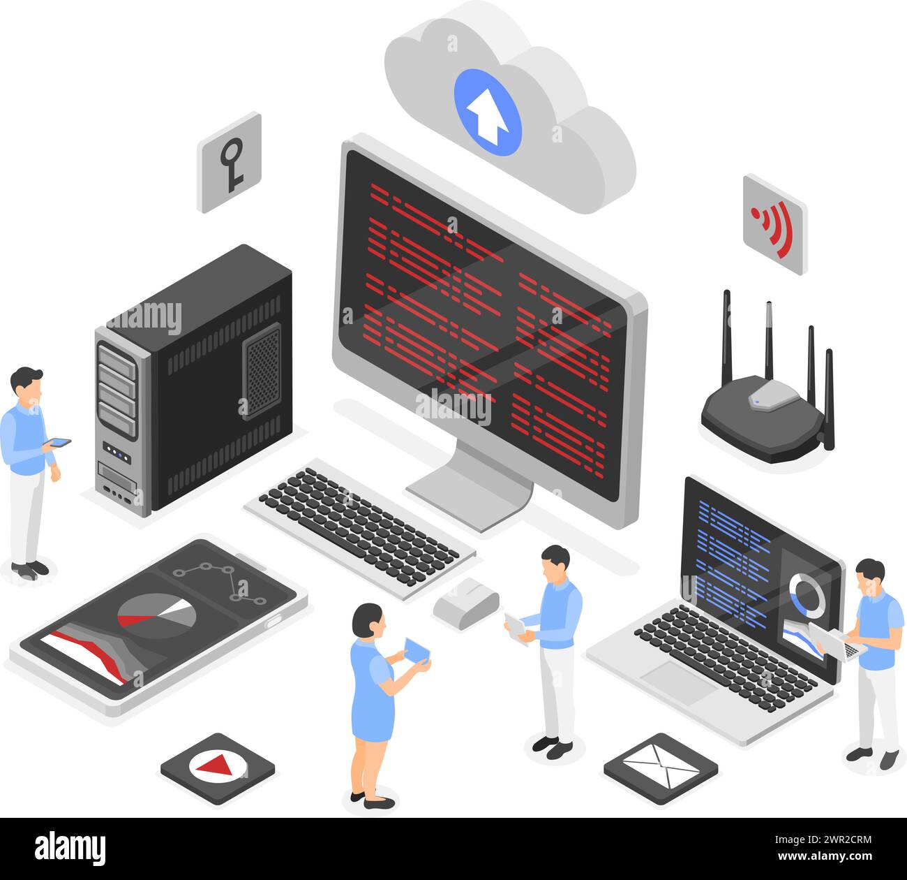 Isometric cloud technologies. Digital working process, tiny people and giant computers, monitors ...