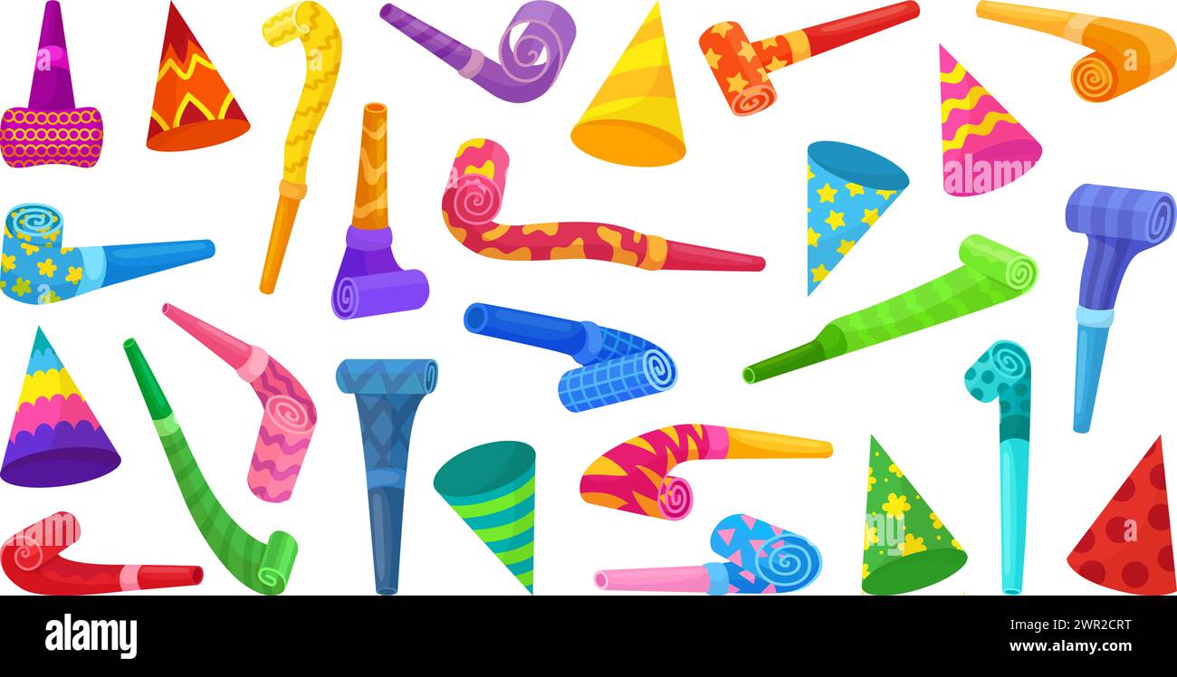 Birthday cones and blowers. Party cone for celebrating, decorative hats ...