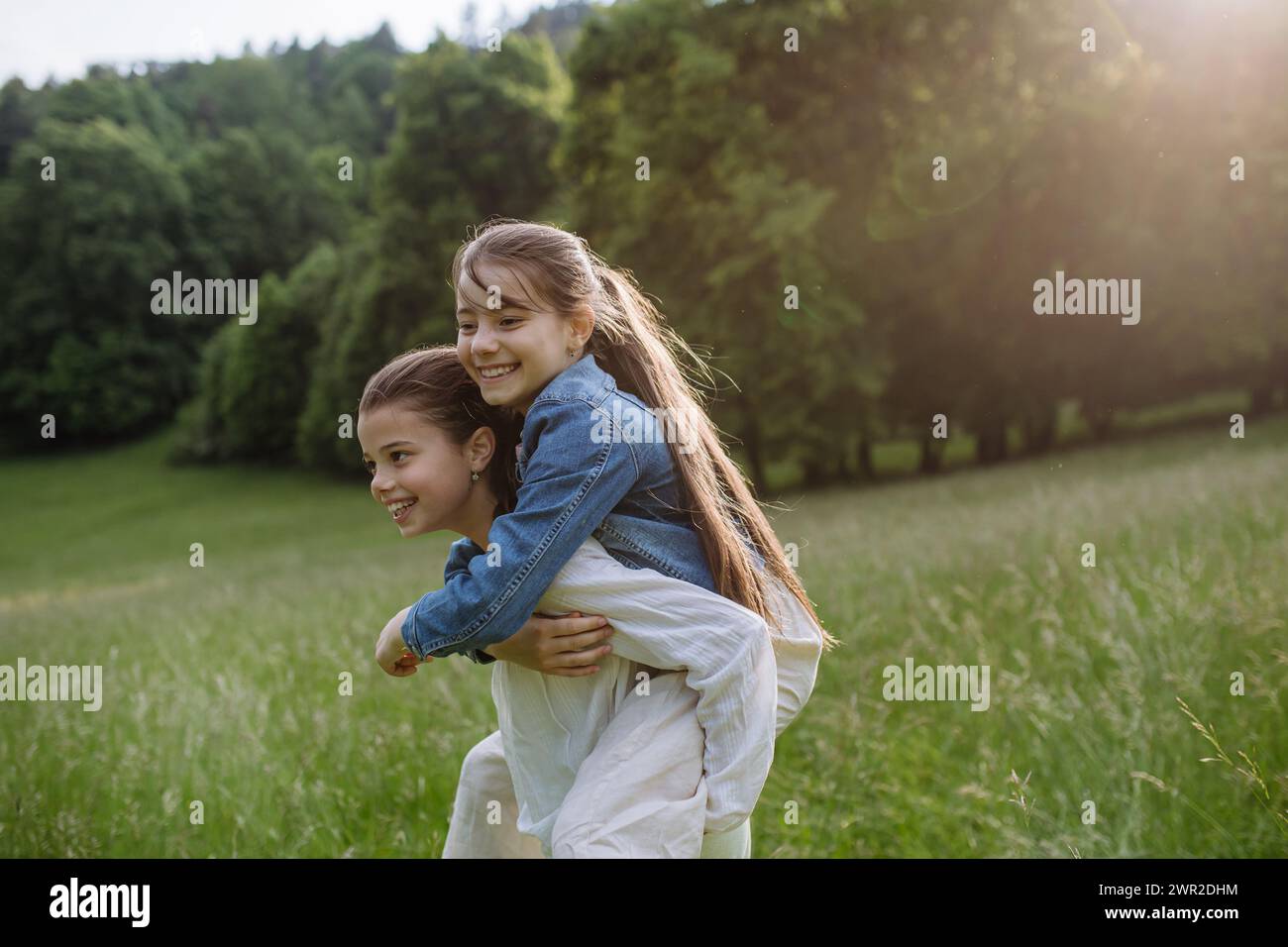 Two sisters playing at meadow in grass, having fun, piggybacking each ...