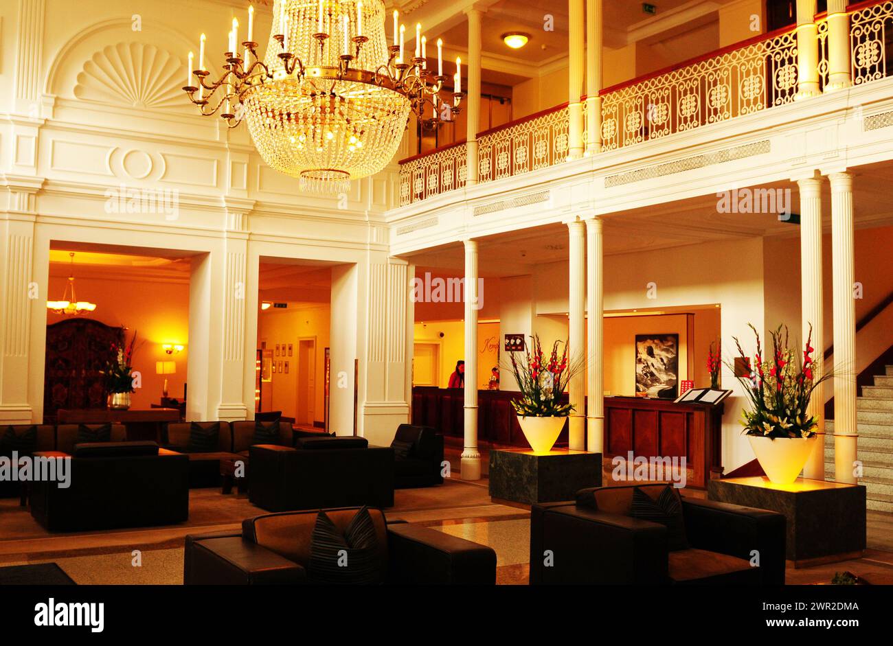 The spacious lobby of the luxury hotel Kempinski des Baigns in St ...