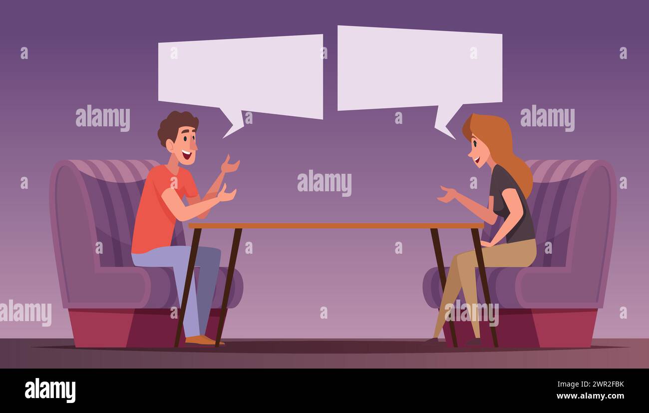 Dialogue happy man and woman sitting on sofa and talking Stock Vector ...