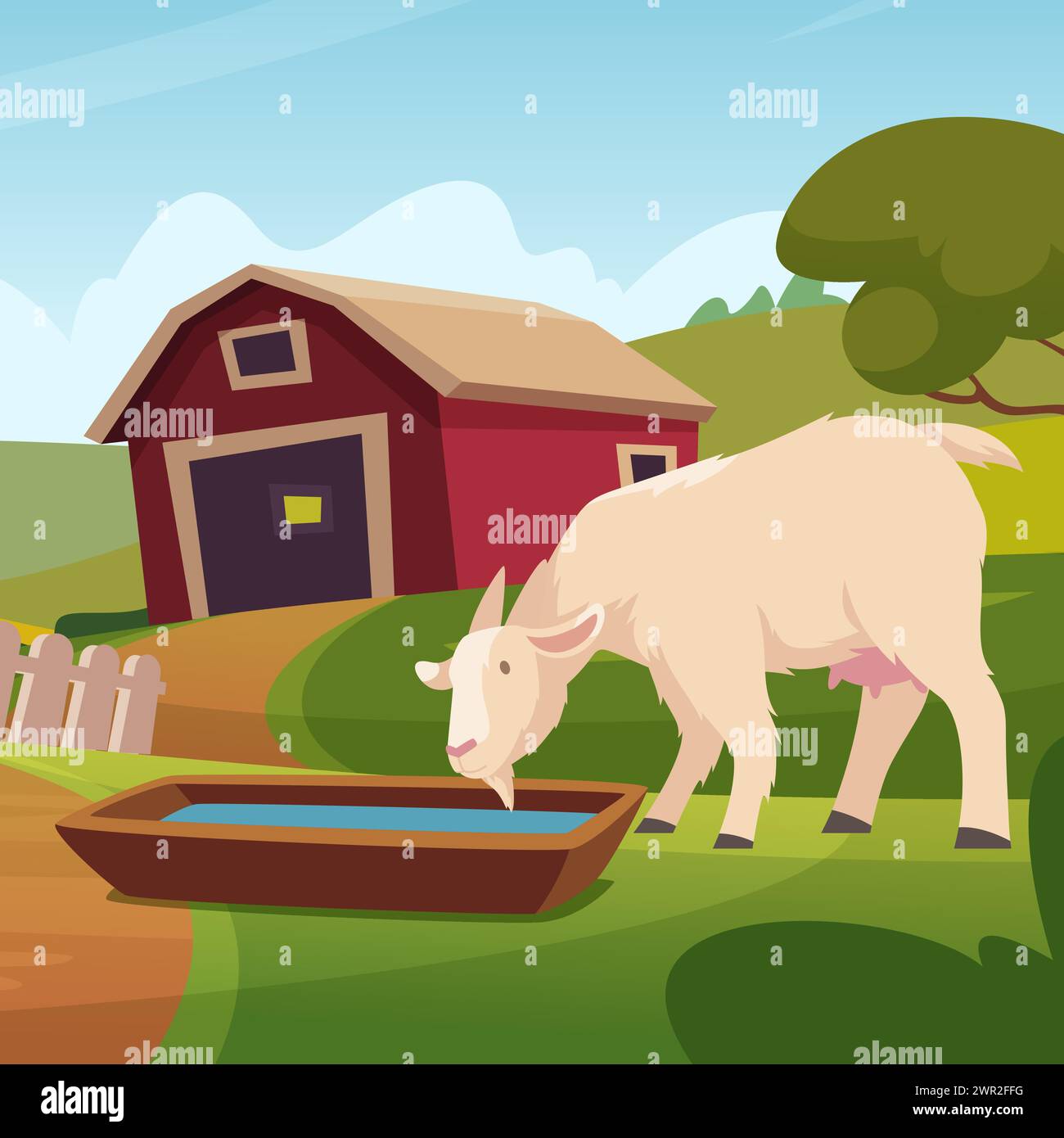Goat farm cartoon background with goat eating food on farm field Stock ...