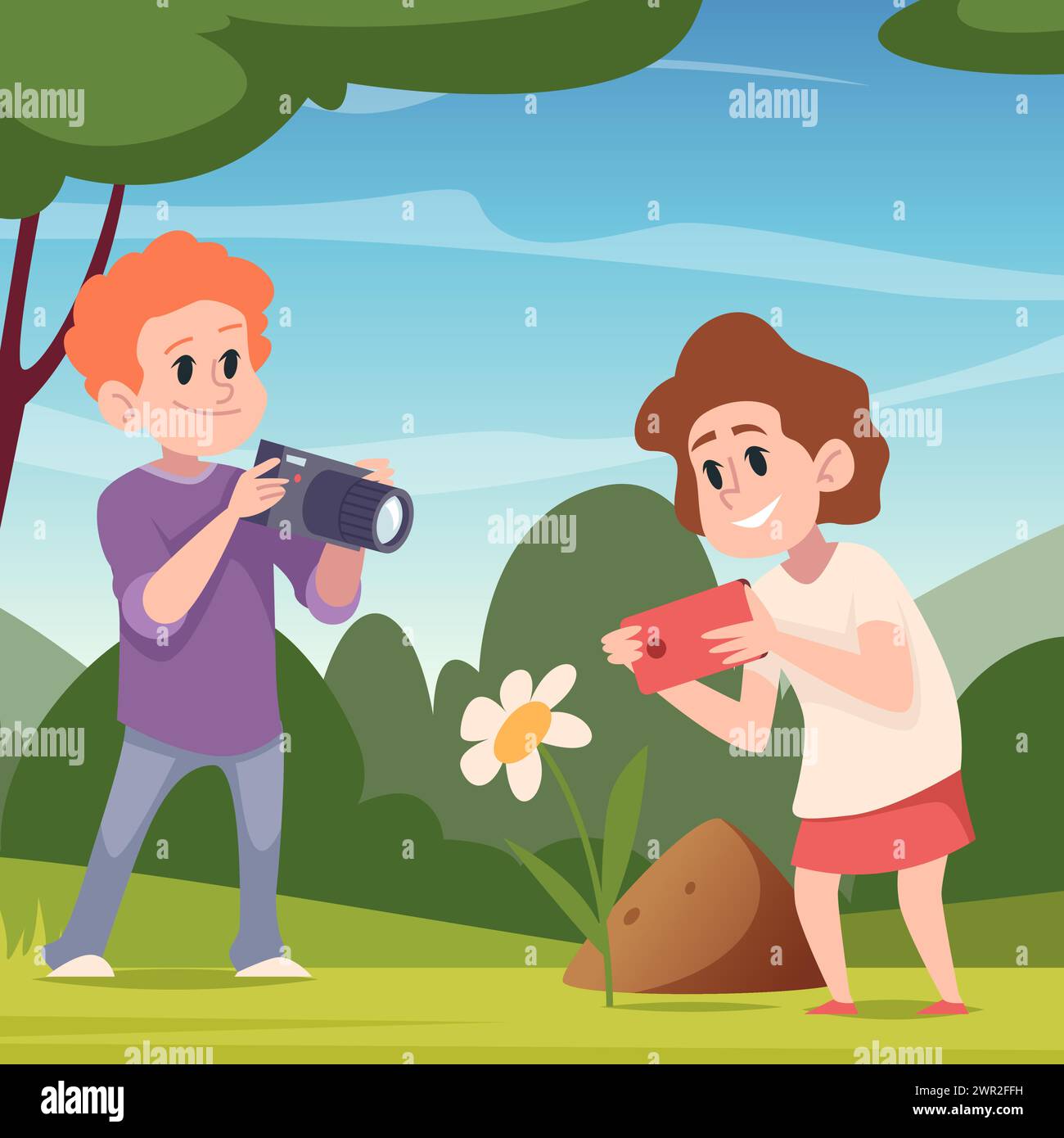 Kids photographers. Boy and girl making photo vector cartoon background ...