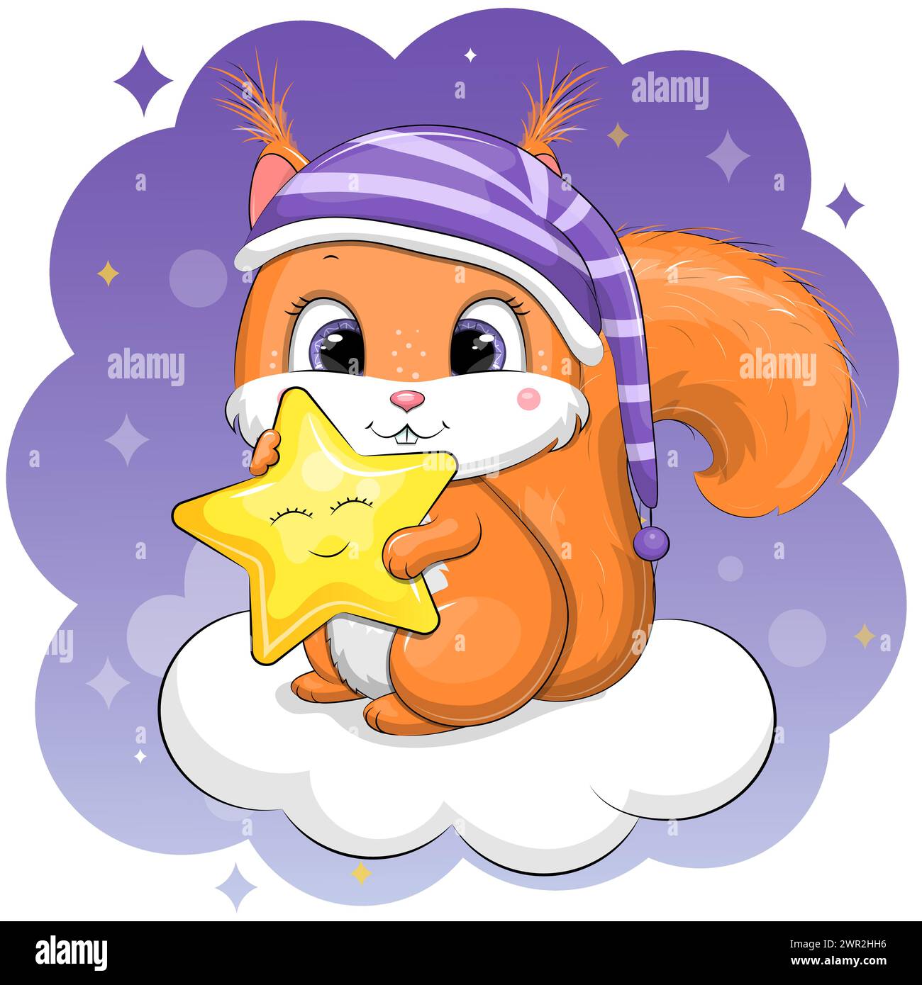 Cute cartoon squirrek wearing a nightcap is holding a yellow star and ...