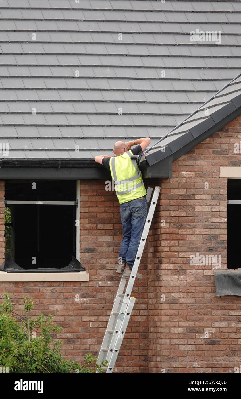 A construction worker or builder on a ladder fitting gutttering to the ...