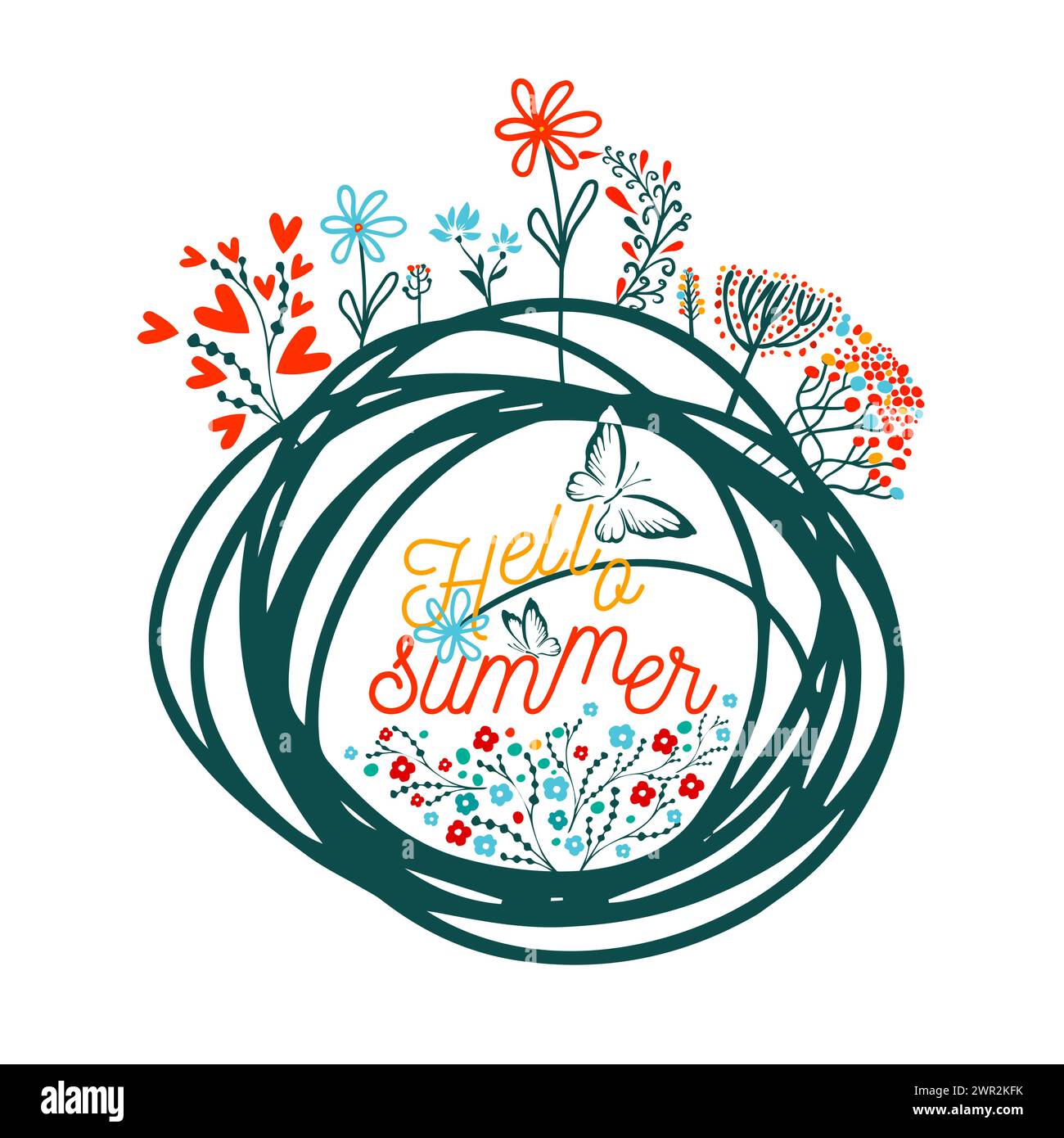 Hand drawn vector frame. Hello summer. Round flower frame. Not AI ...