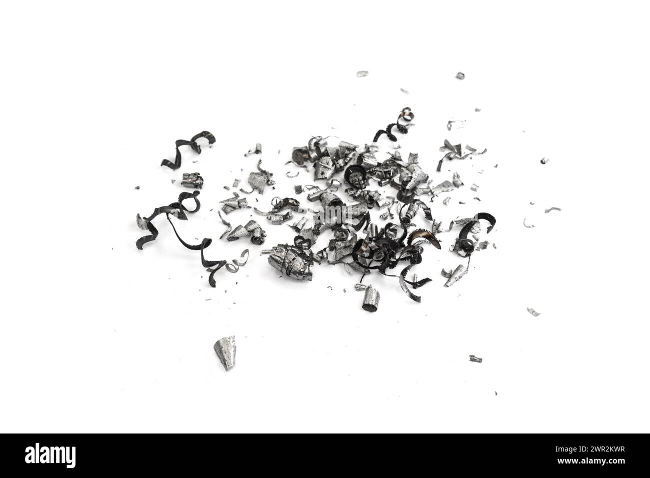 Scrap metal shavings isolated on white background, texture, top view ...