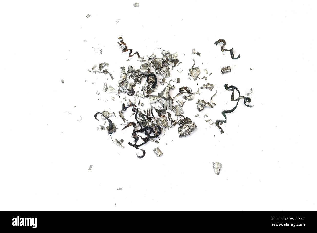Scrap metal shavings isolated on white background, texture, top view ...