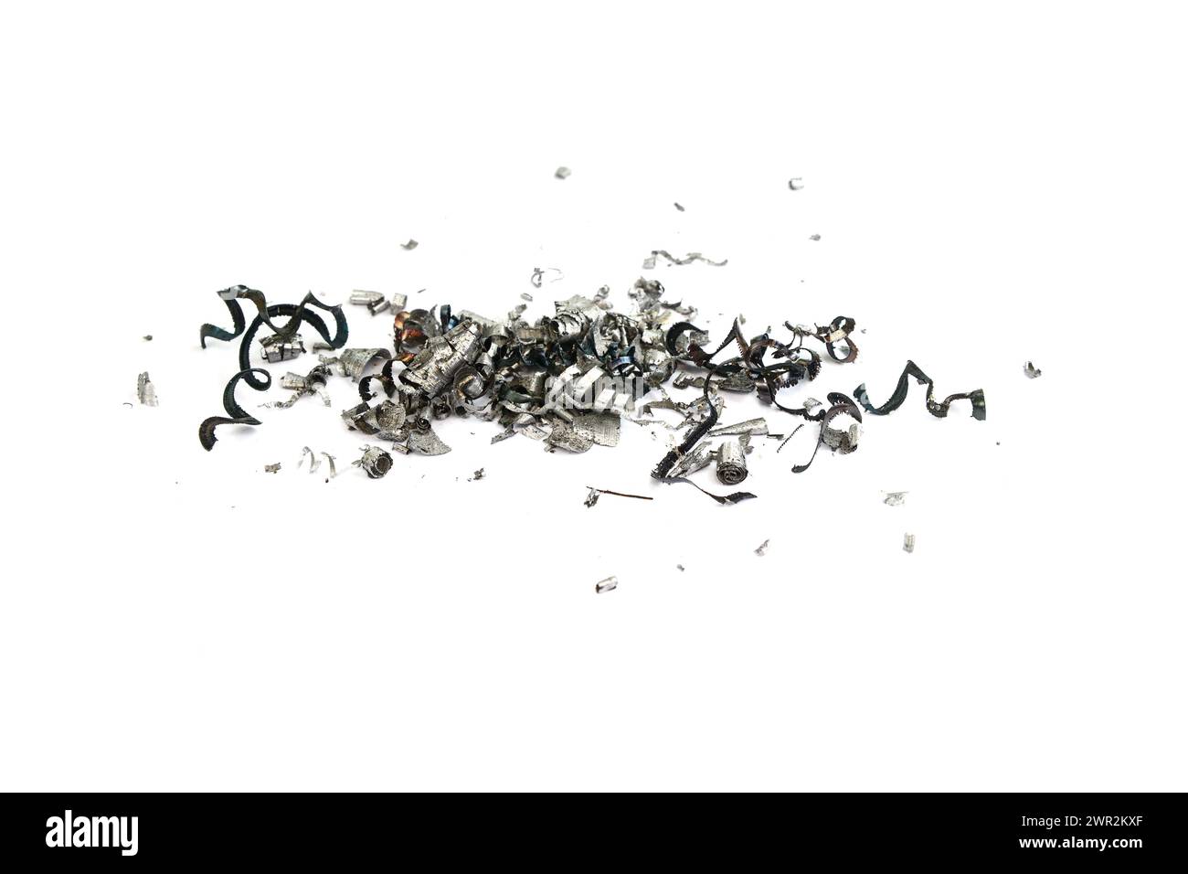 Scrap metal shavings isolated on white background, texture, top view ...