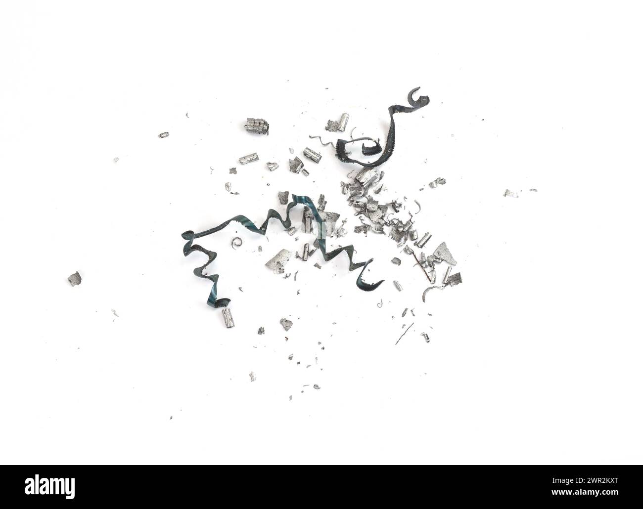 Scrap metal shavings isolated on white background, texture, top view ...