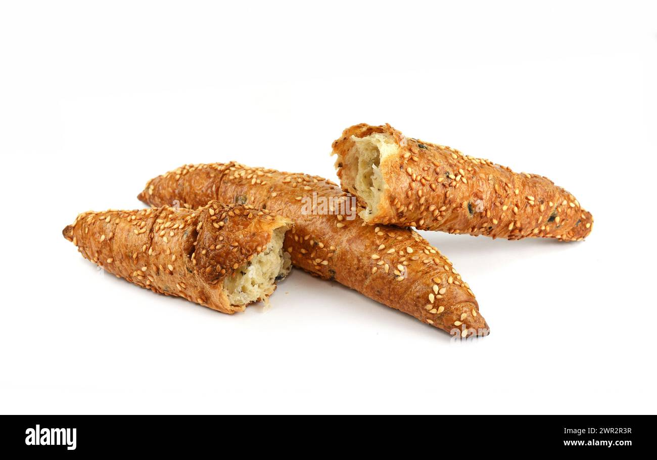 Salty croissant pastry with olives isolated on white background Stock ...
