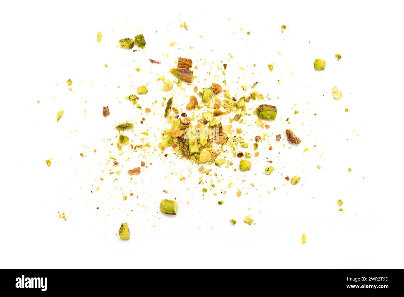 Ground, milled, crushed or granulated pistachio pile isolated on white ...