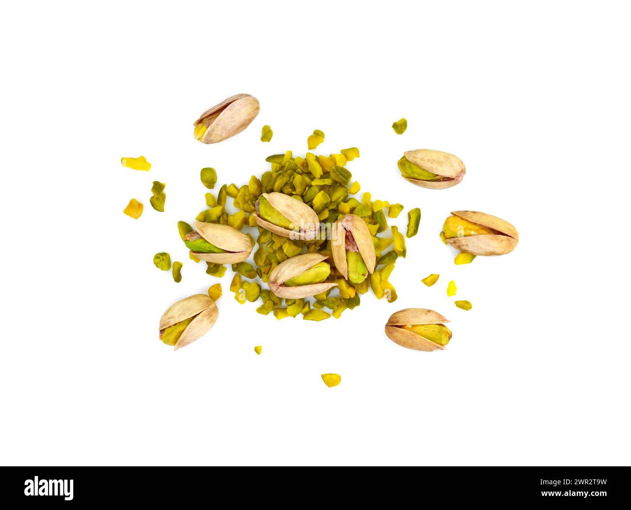 Ground, milled, crushed or granulated pistachio pile isolated on white ...