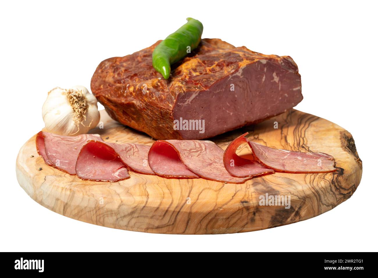 Smoked cold beef sirloin and slices on cutting board. Cold roastbeef ...