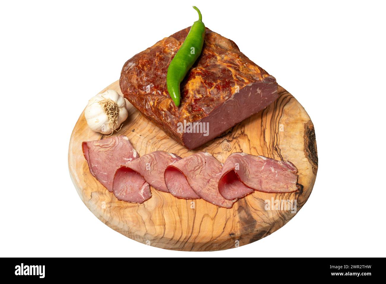 Smoked cold beef sirloin and slices on cutting board. Cold roastbeef ...