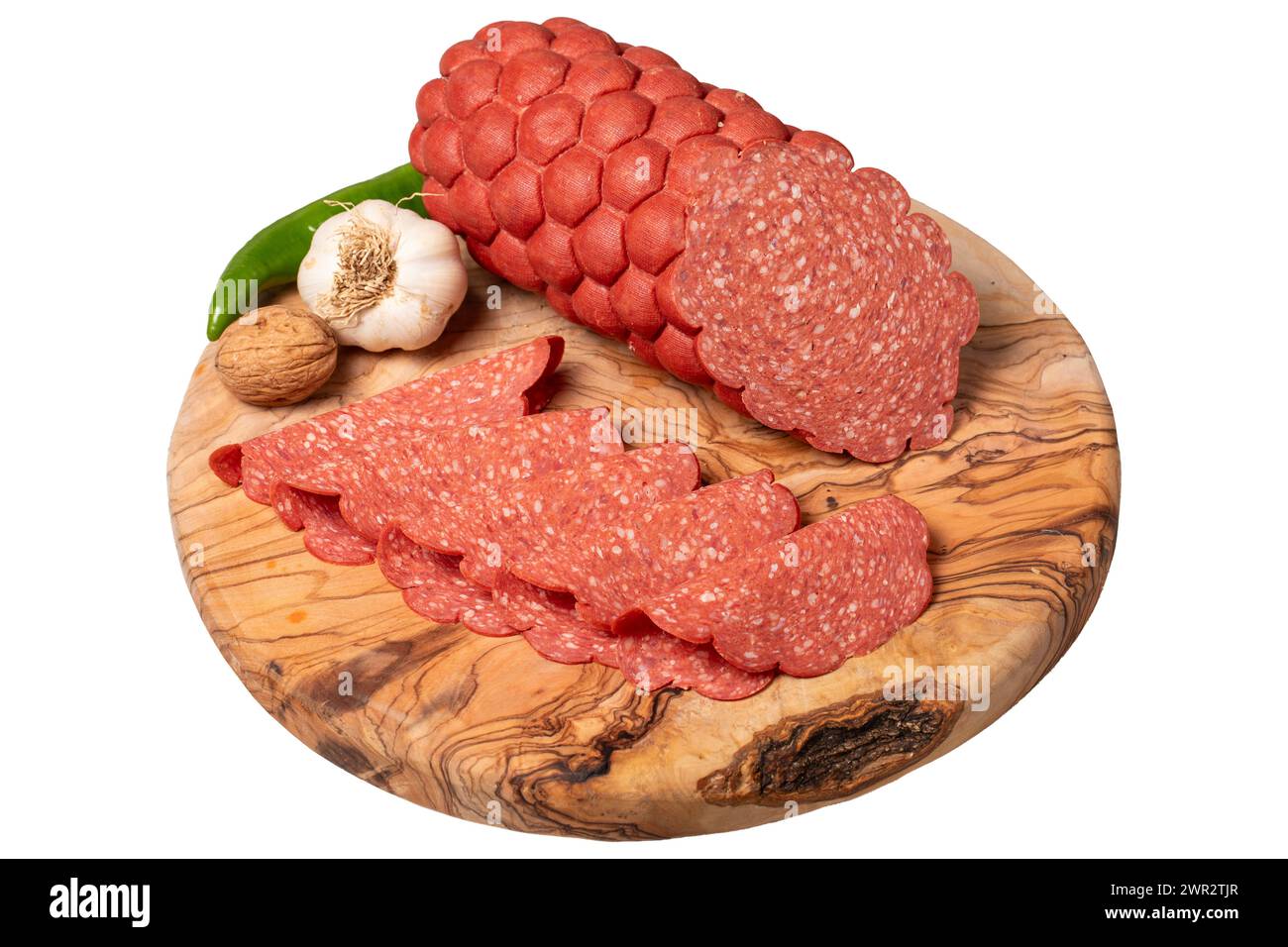 Sausage and slices on cutting board. Cold sausage slices on white ...
