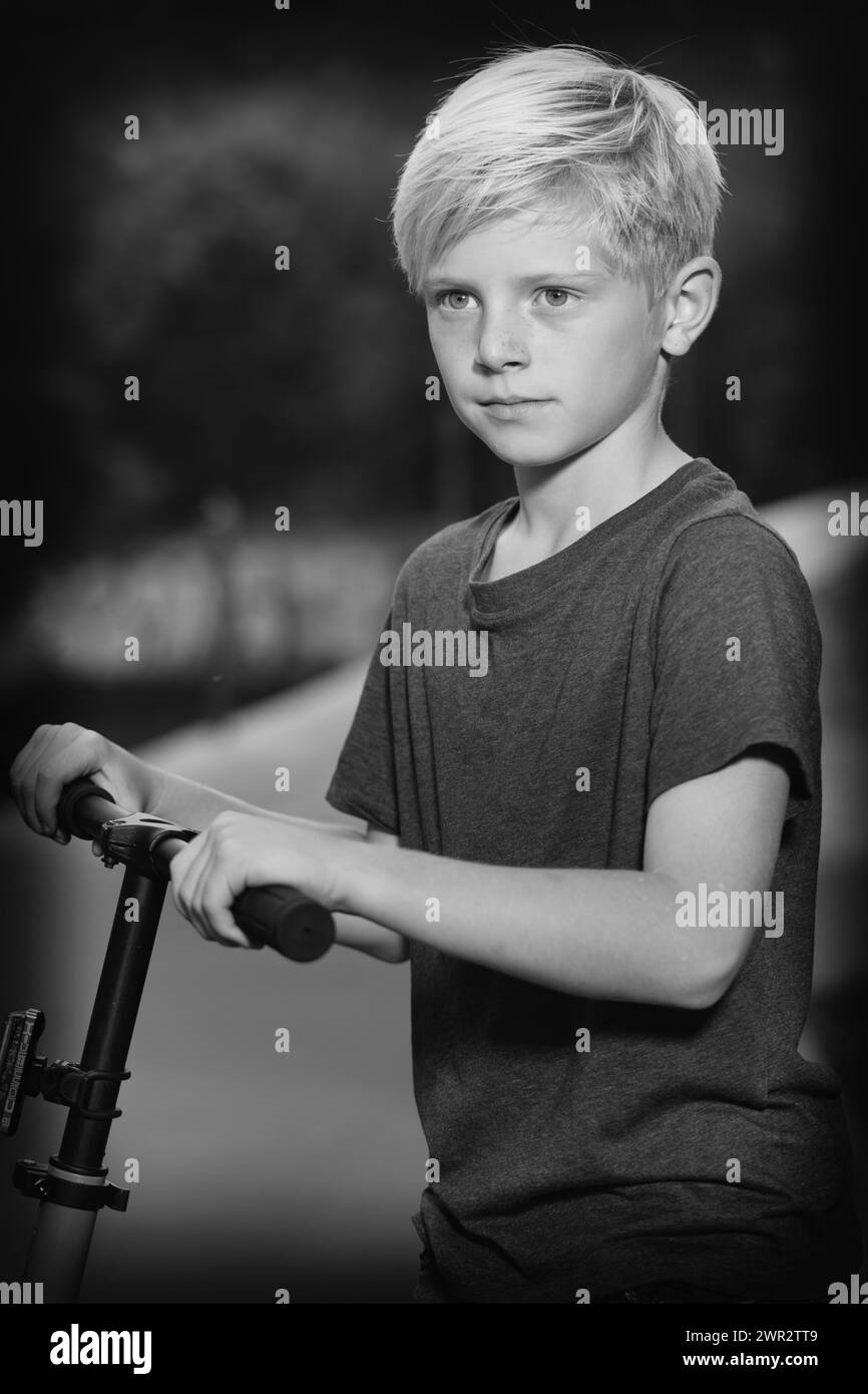 Young boy posing outdoor in skate park for monochrome book photos Stock ...