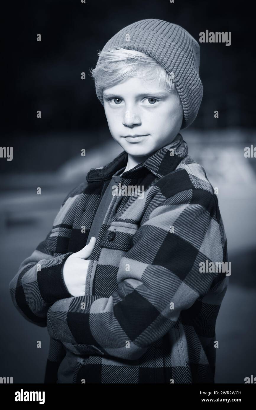 Young boy posing outdoor in skate park for monochrome book photos Stock ...