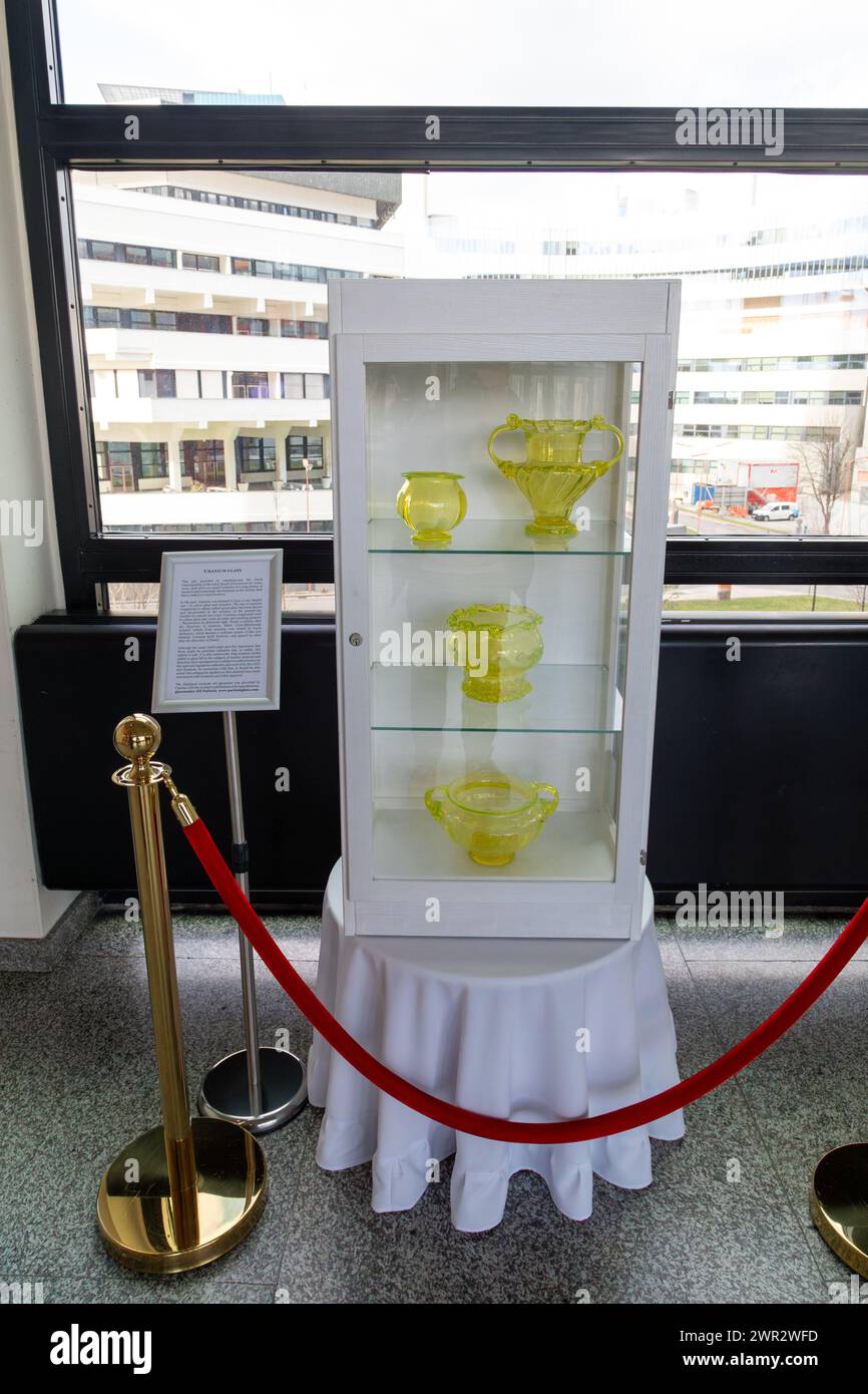 Uranium glass on display, IAEA, UN headquaters, Vienna, Austria Stock ...
