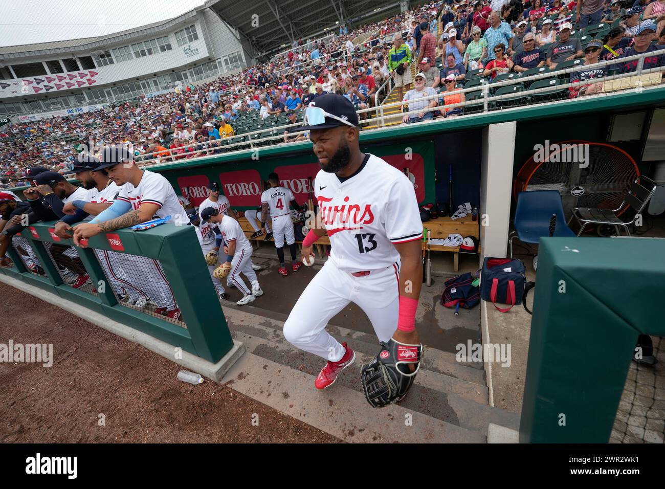 Minnesota Twins center fielder Manuel Margot (13) takes to the field ...