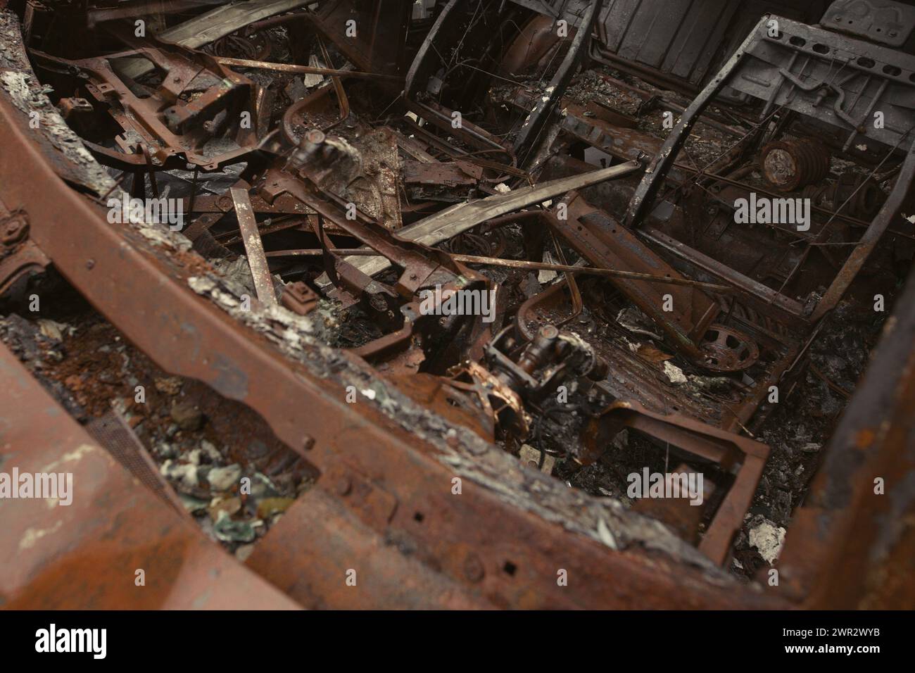 Totaly burned debris of vehicle absolutely damaged by fire Stock Photo ...