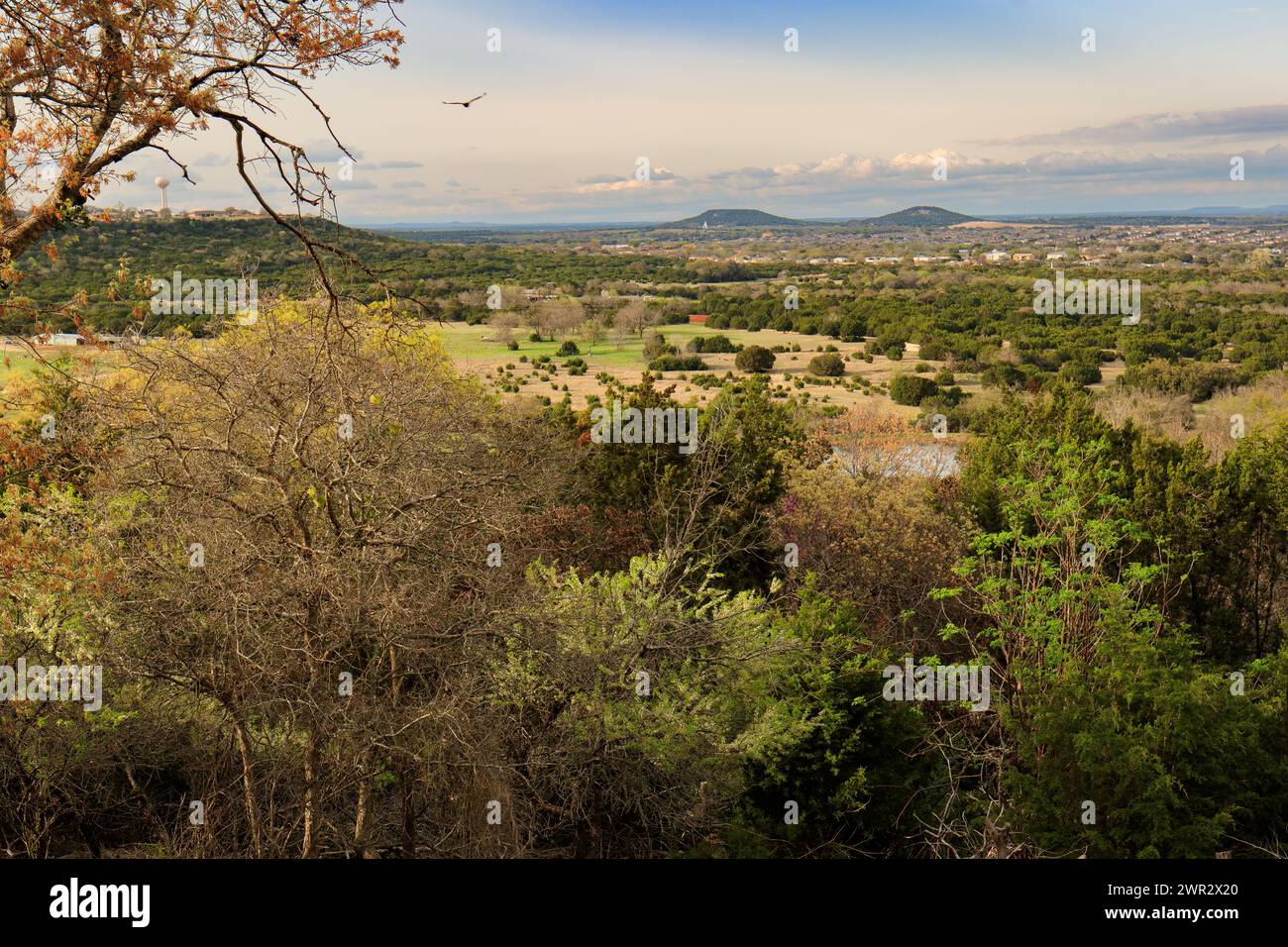A scenic overlook of the Texas Hill Country reveals a lush valley with ...