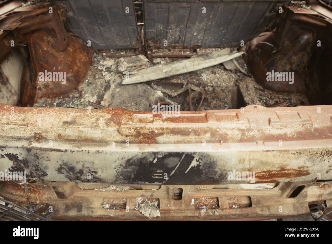 Totaly burned debris of vehicle absolutely damaged by fire Stock Photo ...