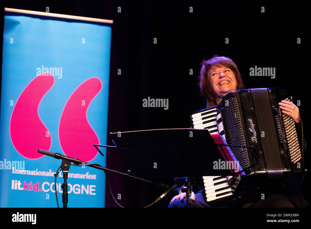 Maria Reiter, a German musician, is performing on stage at the Theater am Tanzbrunnen in Cologne ...