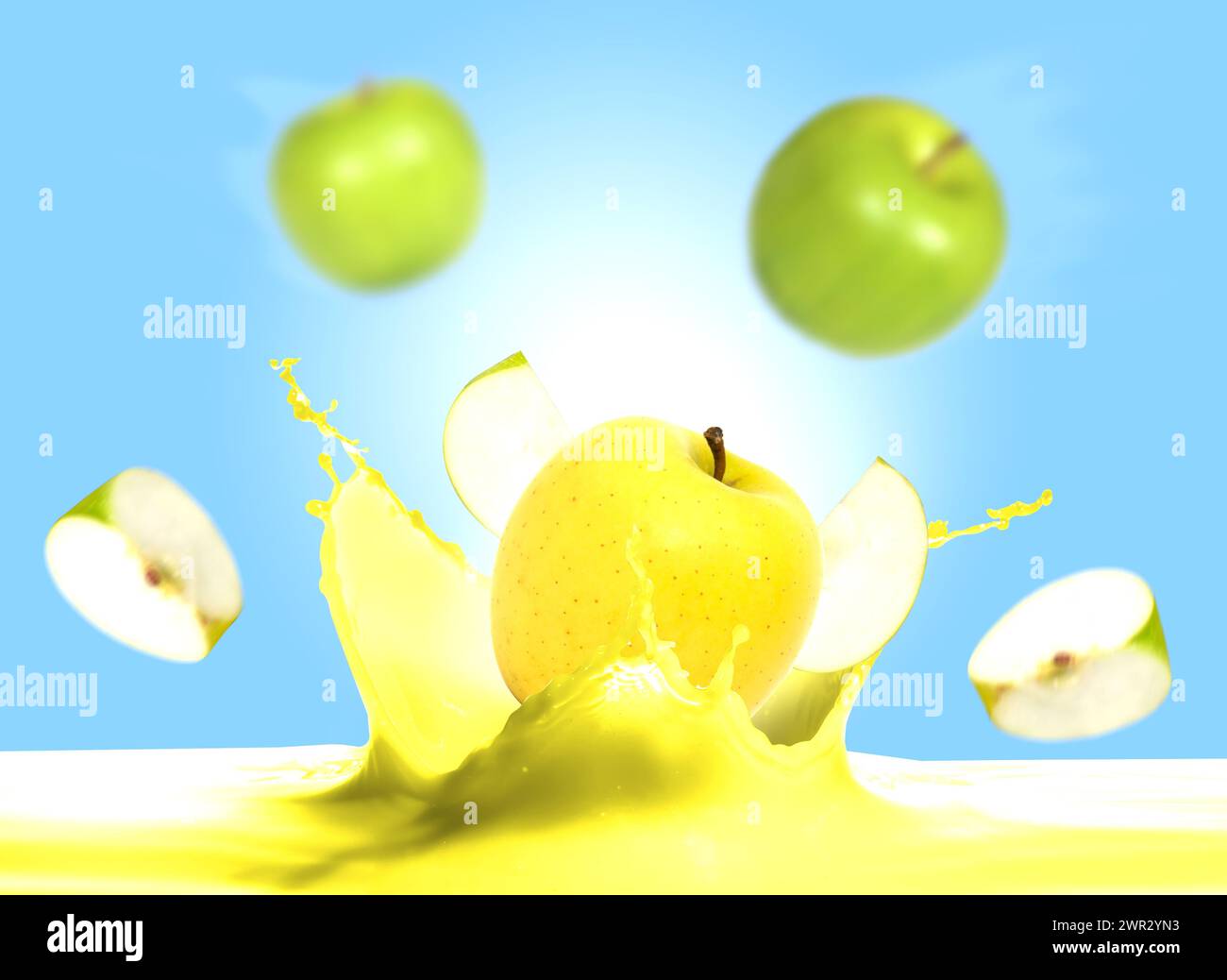 make apples fresh. flying apples and slices dropping into juice Stock ...