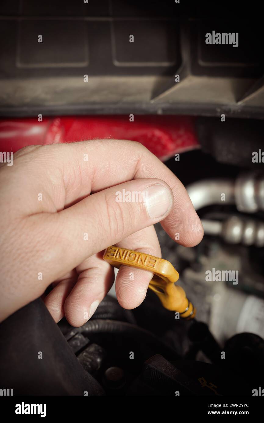 Car driver take care of his car before longer trip and checking oil ...