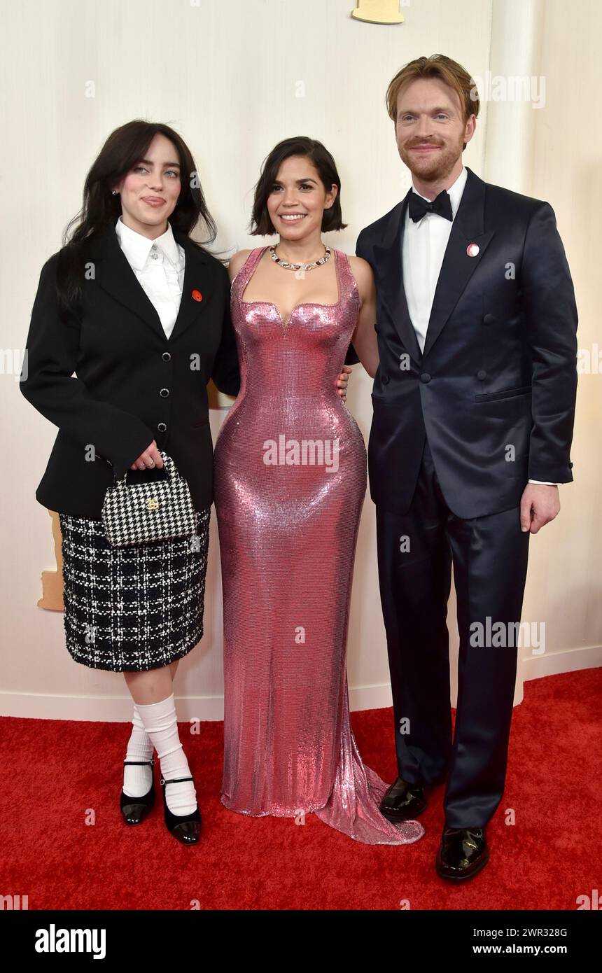 Billie Eilish, from left, America Ferrera and Finneas O'Connell arrive ...