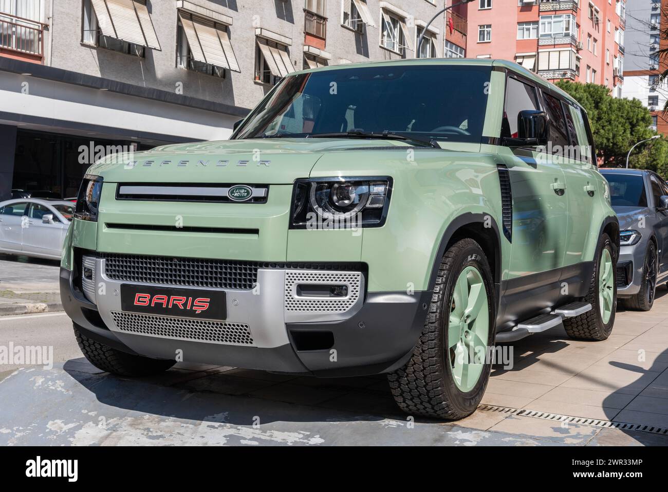 ISTANBUL, TURKEY - MARCH 10, 2024: Land Rover Defender on the showroom ...