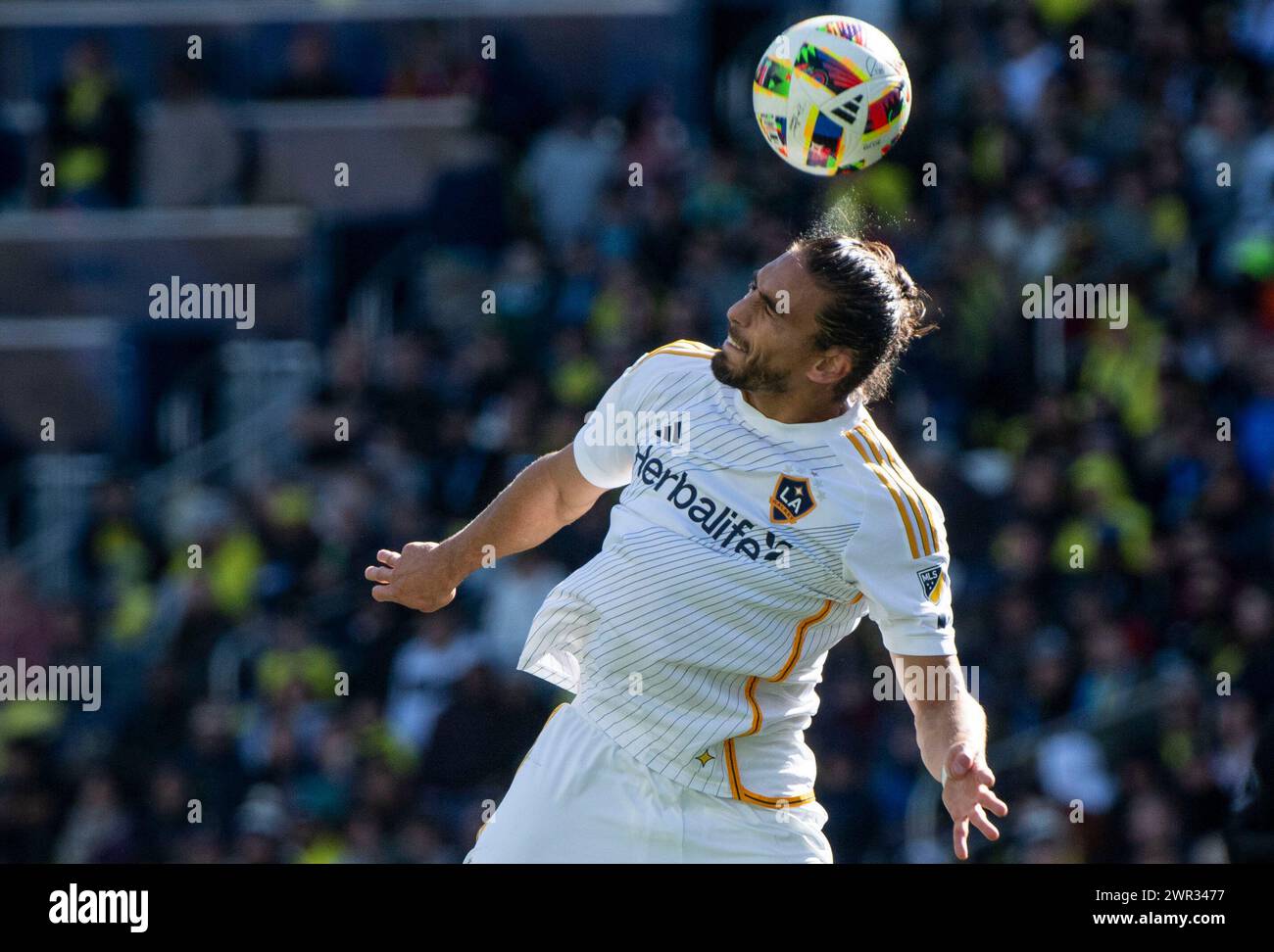 Nashville, Tennessee, USA. 10th Mar, 2024. Los Angeles Galaxy defender Miki Yamane (2) heads the ...
