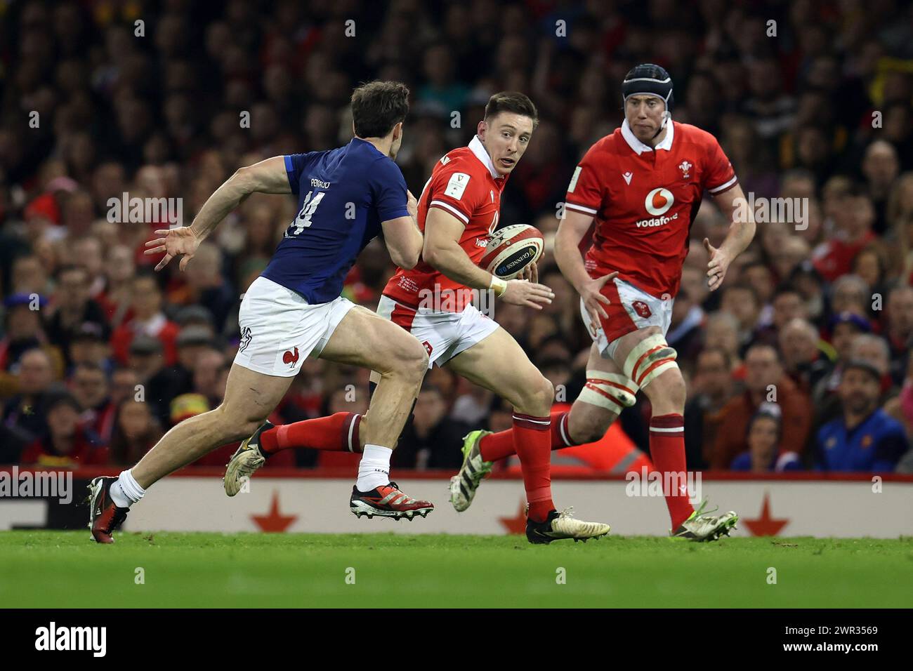 Cardiff, UK. 10th Mar, 2024. Josh Adams of Wales makes a break ...