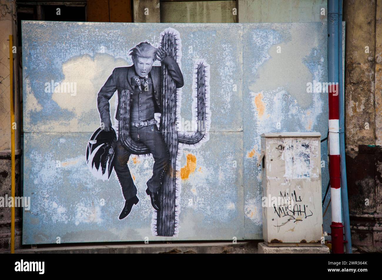 Street mural artwork of Donald Trump as a cowboy sitting on a thorny ...