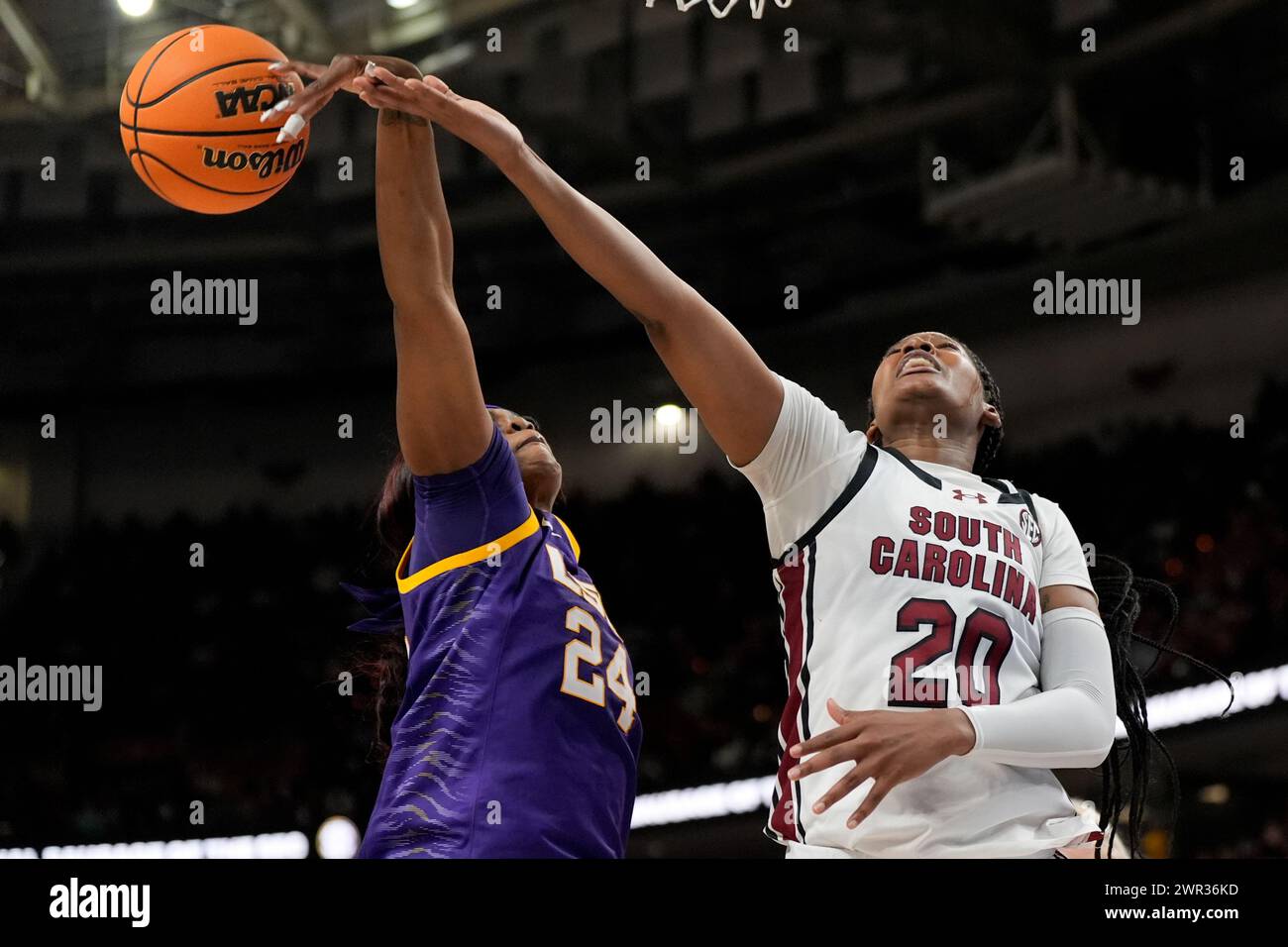 South Carolina forward Sania Feagin is founded by LSU guard Aneesah ...