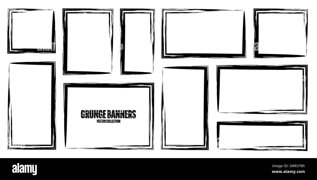 Grunge square frames, banners with stains and scratches. Brush stroke ...
