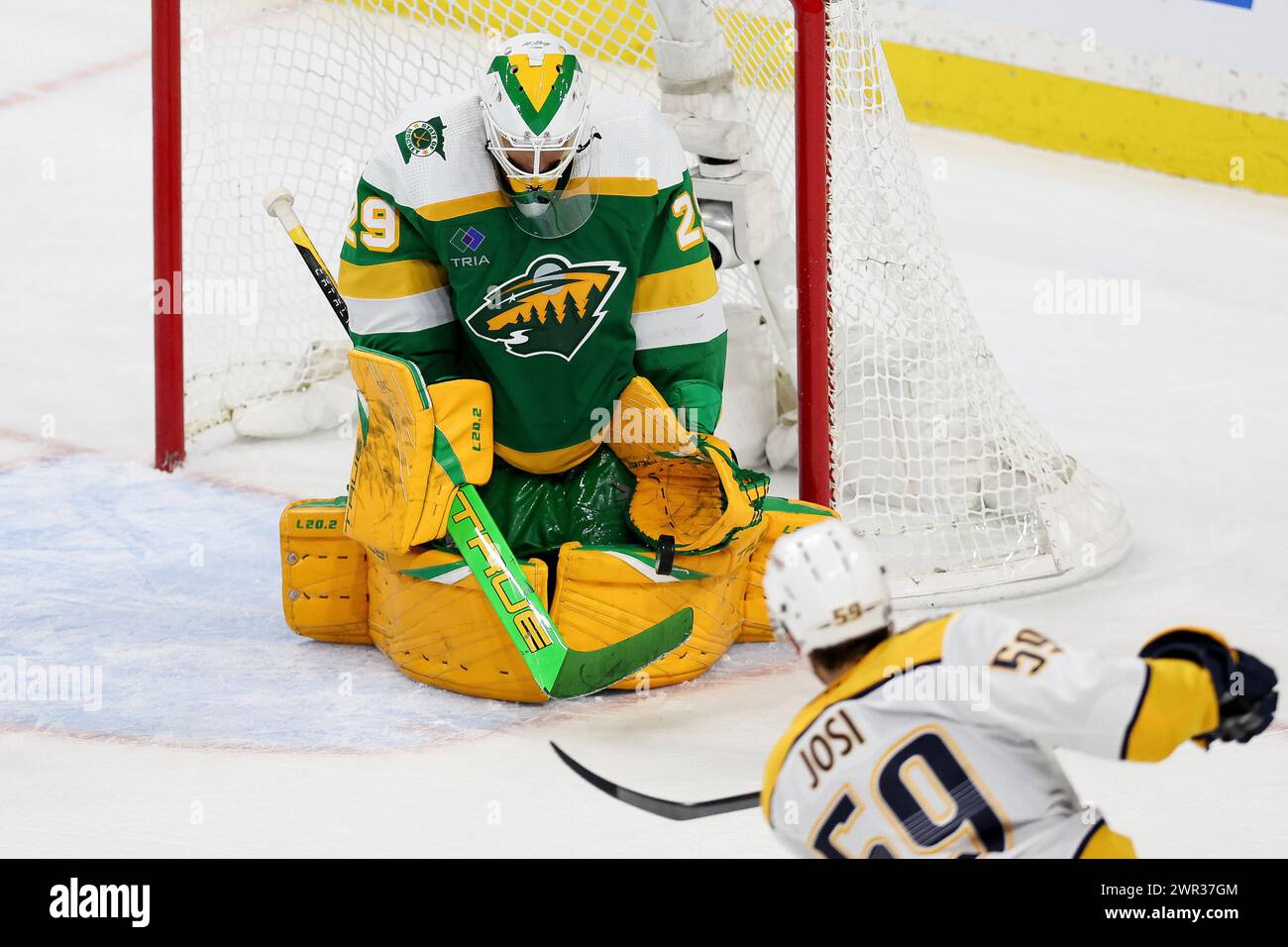 Minnesota Wild goaltender Marc-Andre Fleury (29) blocks a shot by ...