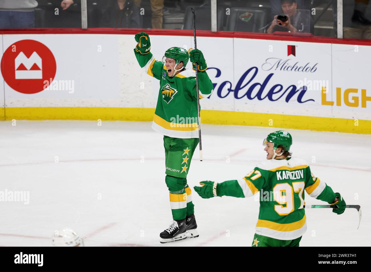 Minnesota Wild left wing Matt Boldy (12) reacts after scoring a goal to ...