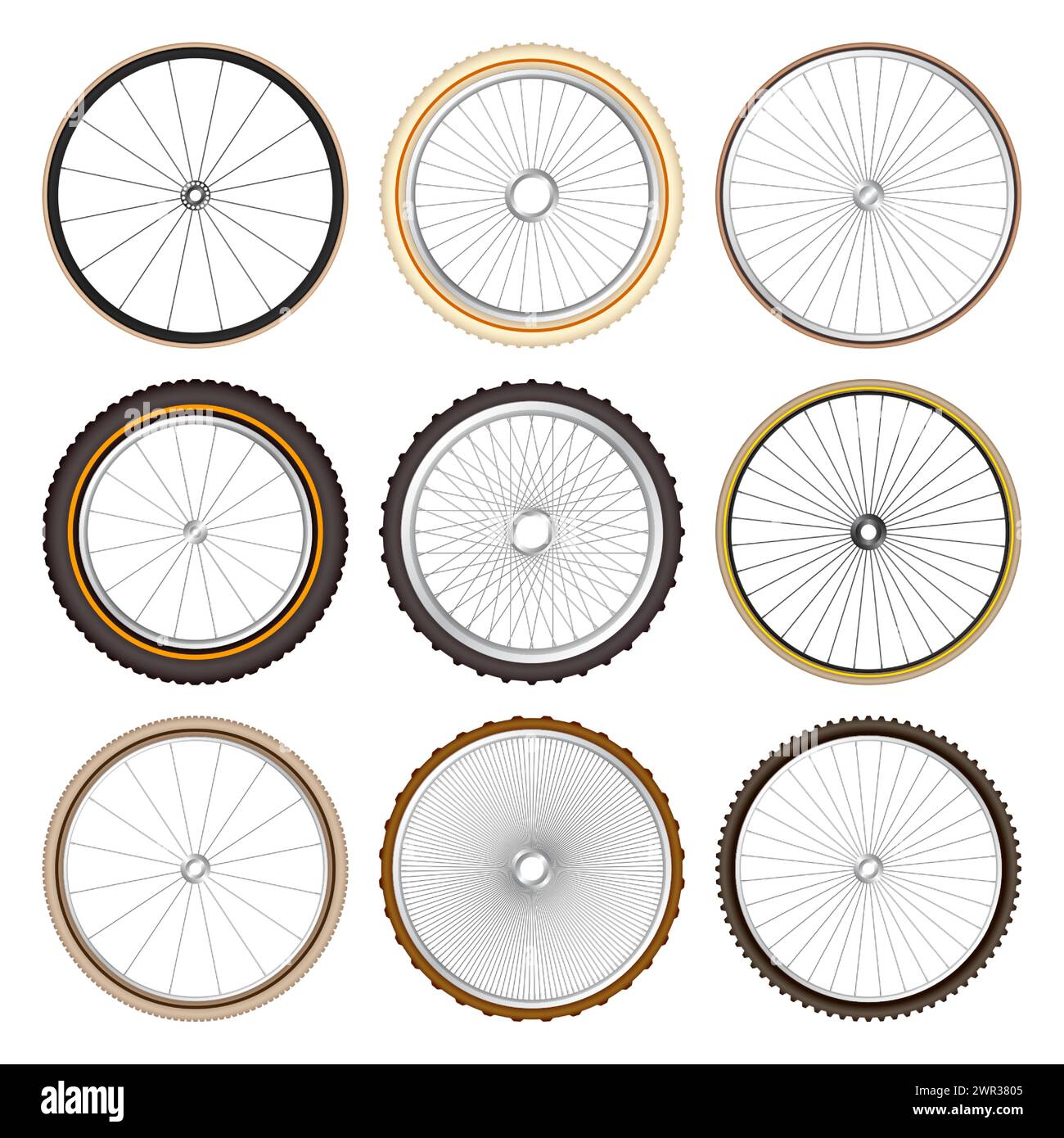 Realistic 3d retro bicycle wheels. Vintage bike rubber tyres, shiny ...