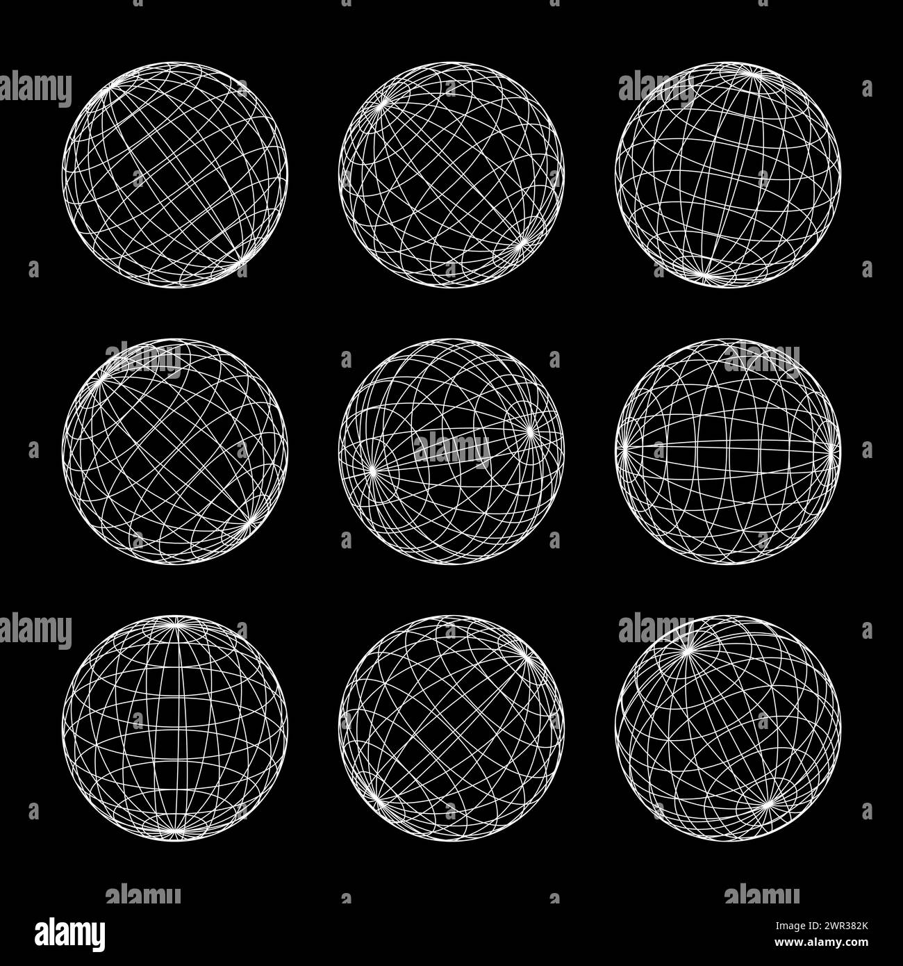 Wireframe shapes, lined sphere. Perspective mesh, 3d grid. Low poly ...