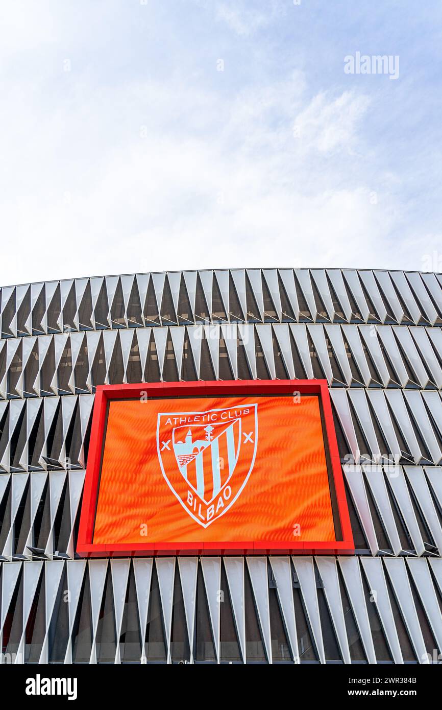 Exterior structure of the Bilbao athletic stadium with logo on the ...